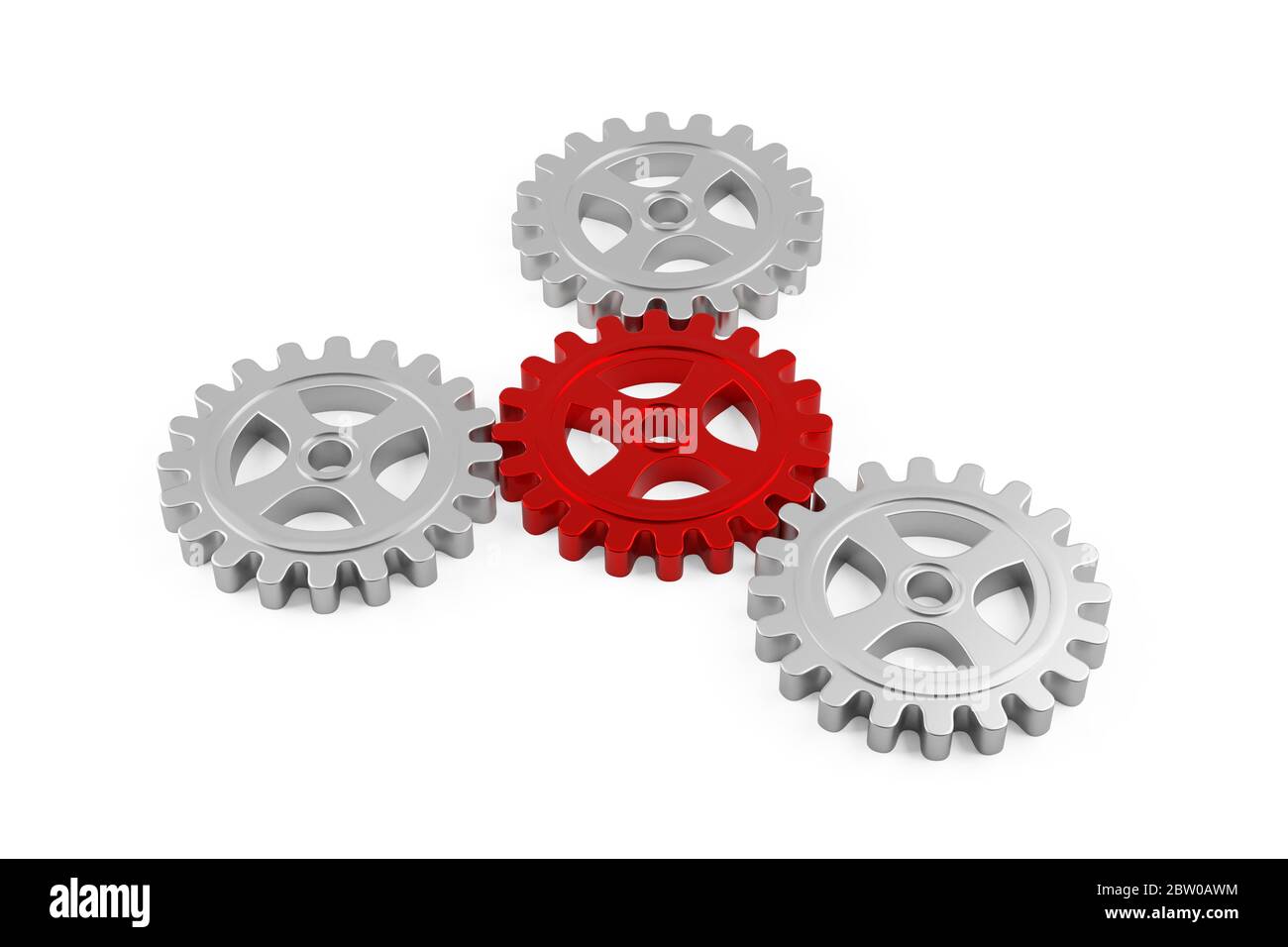 Three metal cogwheel gears attached to a central red wheel over white ...