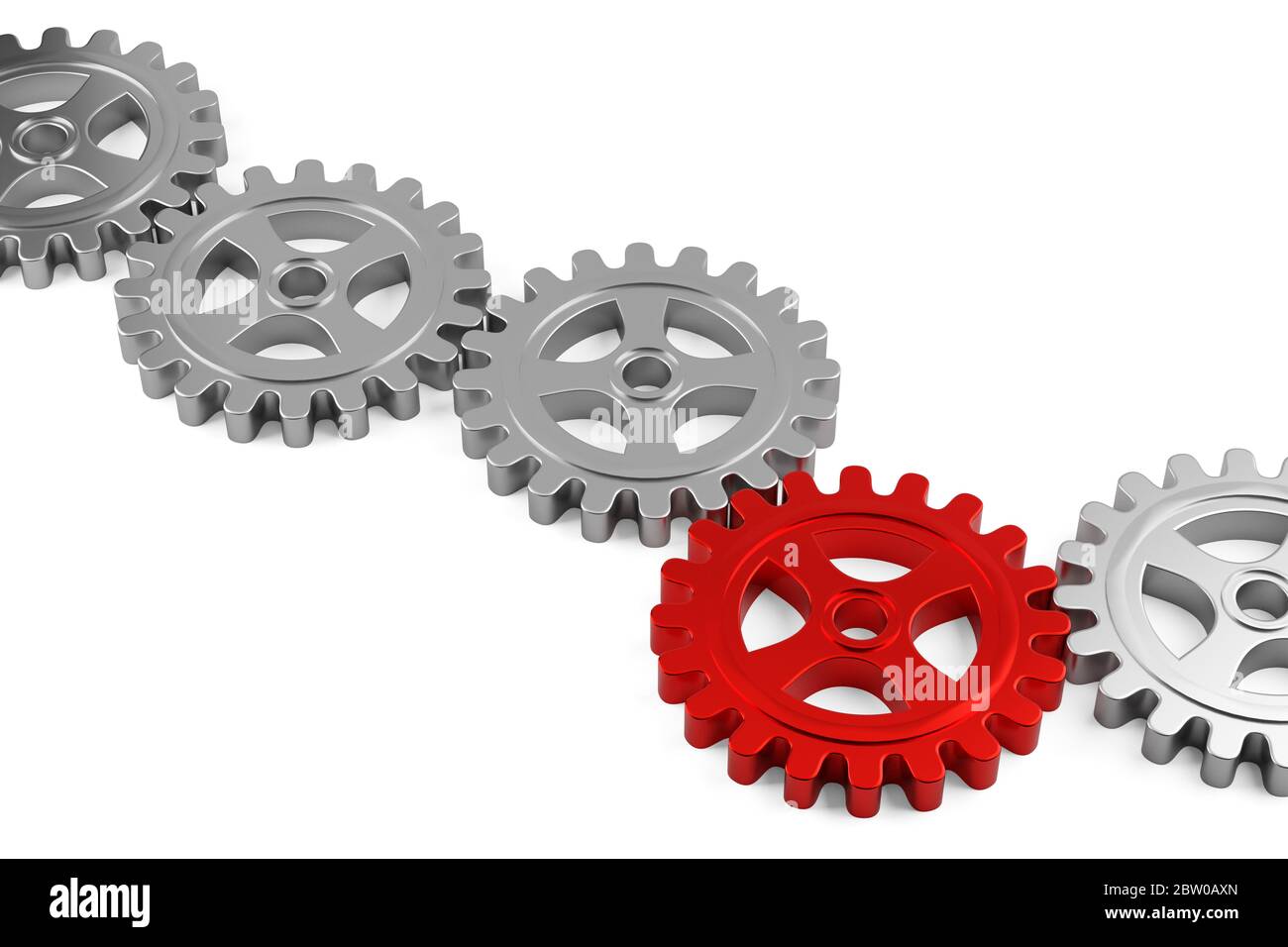Row of metal cogwheel gears with a central red wheel over white ...