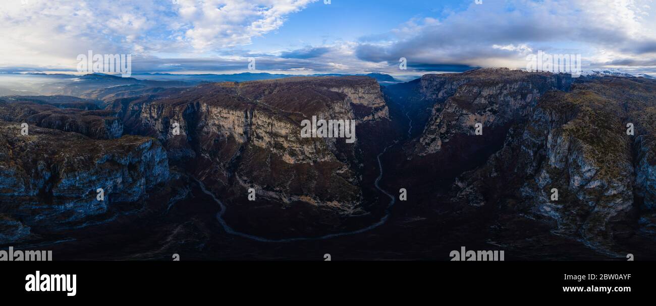 Wide panorama of Vikos Gorge, a gorge in the Pindus Mountains of ...