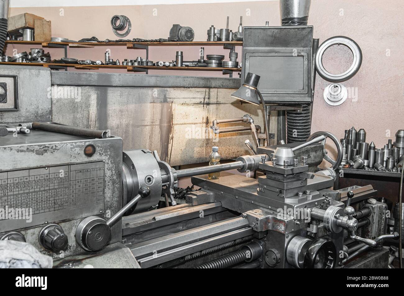 old Metalworking machine is working. Turning production. Using old ...
