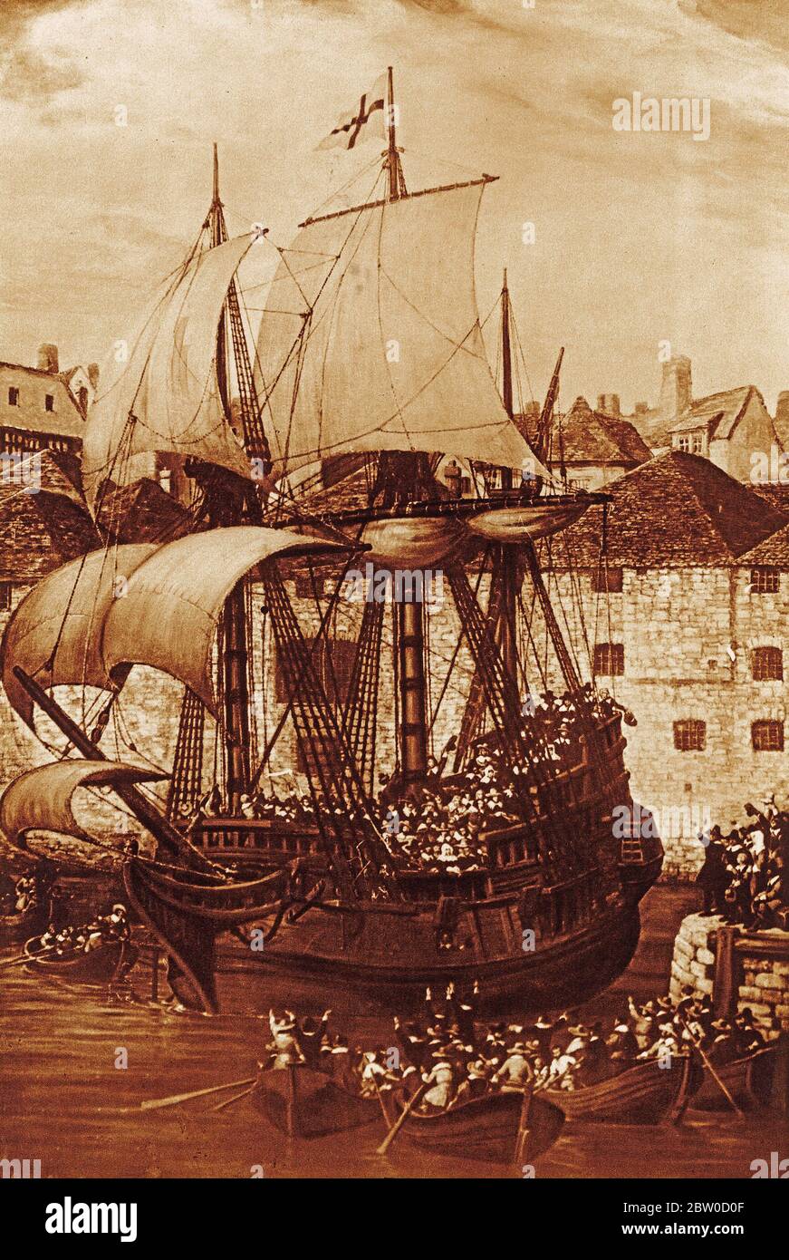 illustration of departure of the Mayflower from Plymouth, from a set of ...