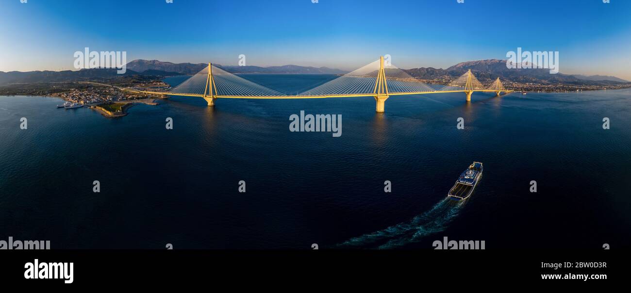 Wide panorama of world famous cable suspension bridge of Rio - Antirio ...