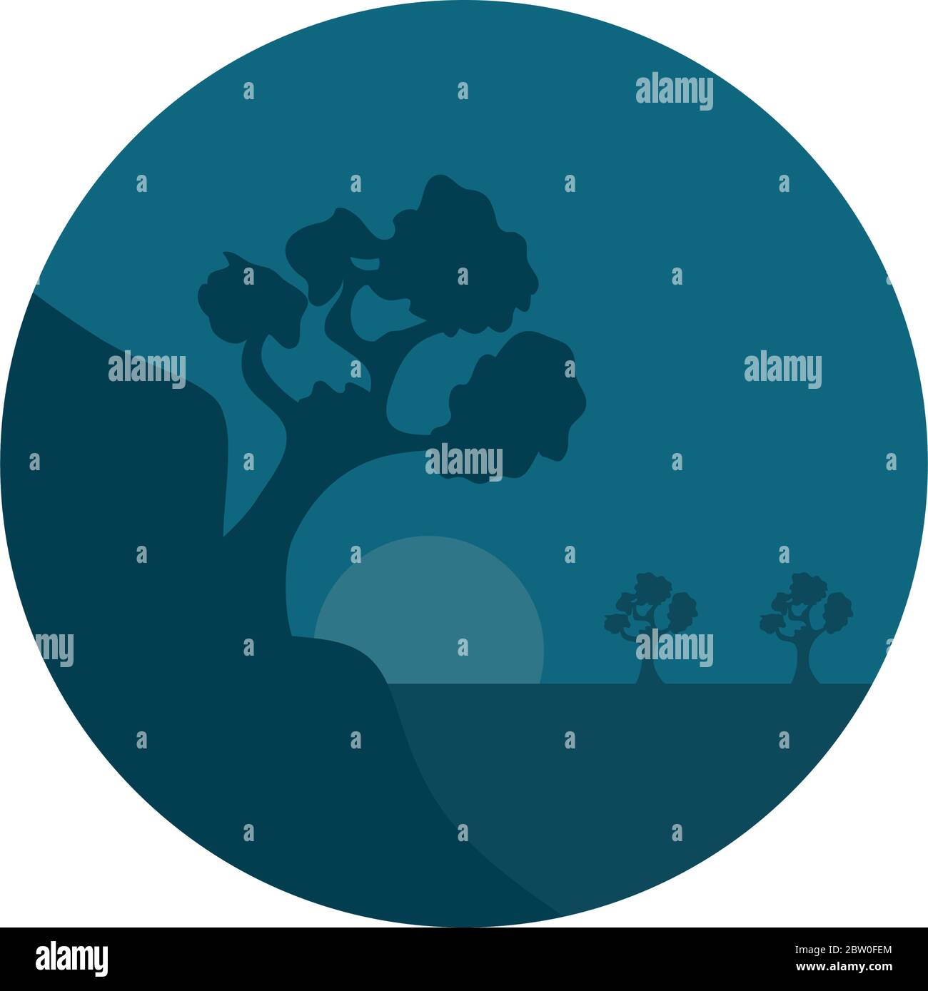 dawn landscape with tree and sun icon over white background, flat style ...