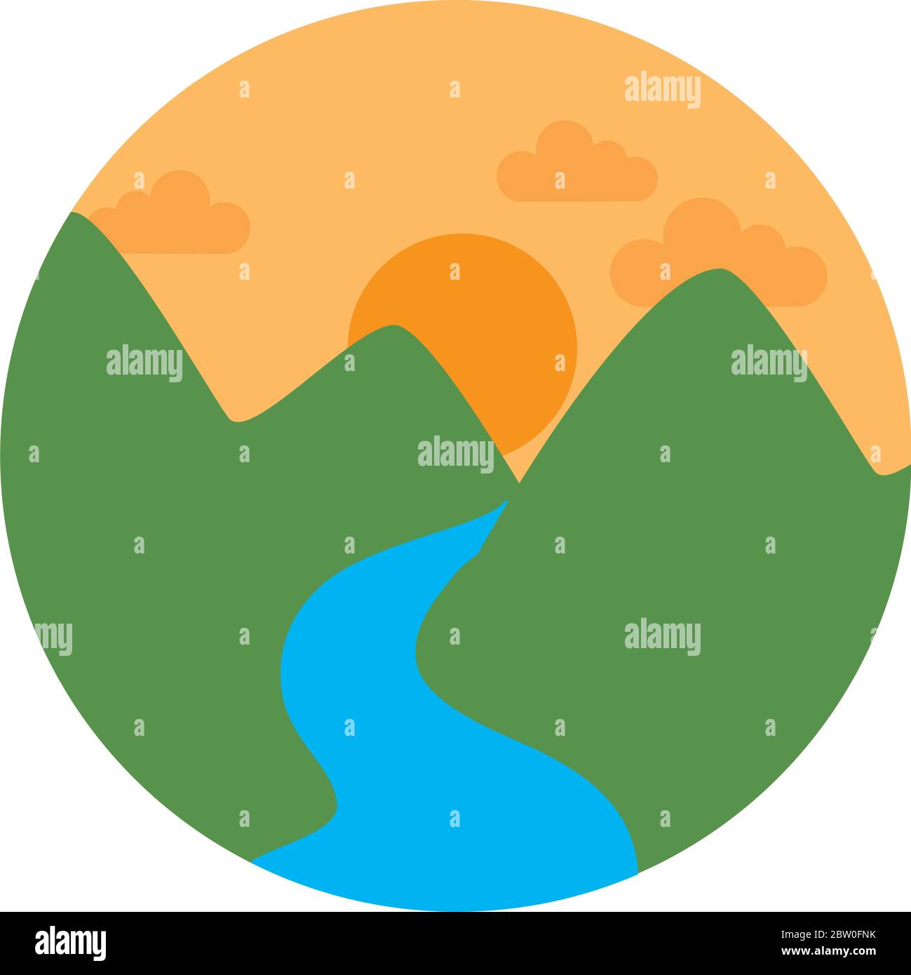 Sunny river landscape with mountains over white background, flat style ...