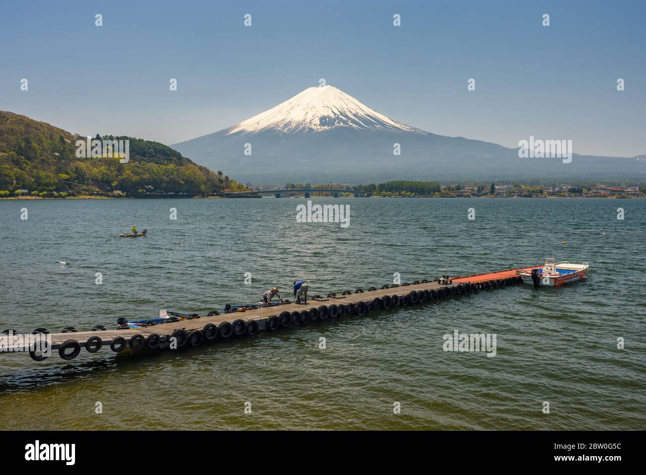 Kawaguchiko, Yamanashi Prefecture / Japan - April 21, 2018: Scenic view of Mount Fuji and Lake ...