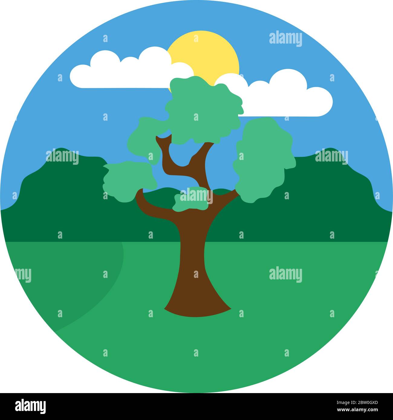 landscape with tree, sun and clouds icon over white background, flat ...