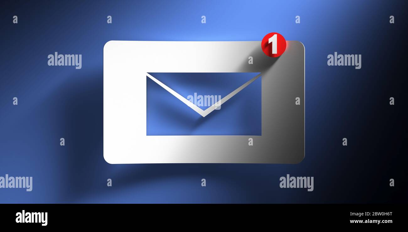 Email notification concept, one new inbox e mail, envelope with incoming message on blue ...
