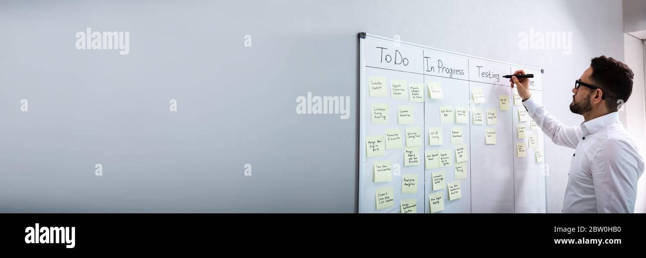 Kanban Schedule Plan Board On Wall. Task Whiteboard Stock Photo - Alamy