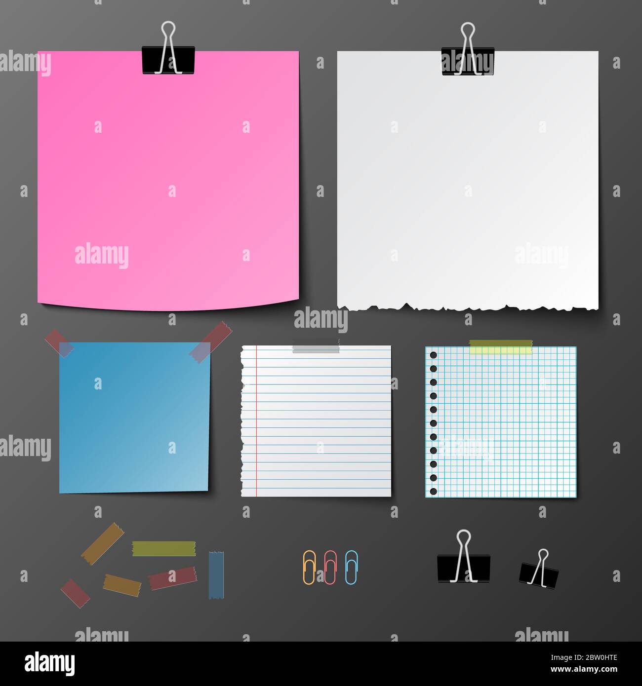 Post note paper set on gray background with shadow, vector illustration ...