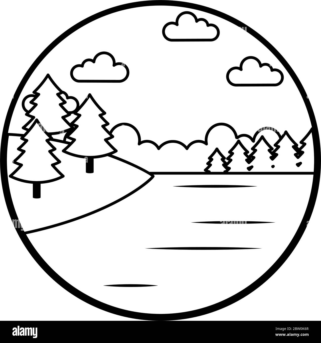 Lake landscape and trees over white background, line style, vector ...