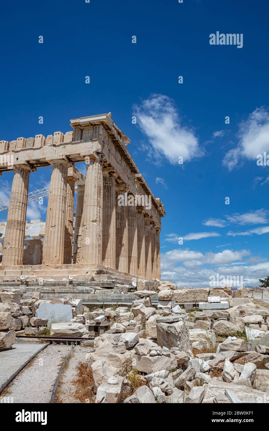 Athens Acropolis, Greece top landmark. Parthenon temple dedicated to goddess Athena, ancient ...