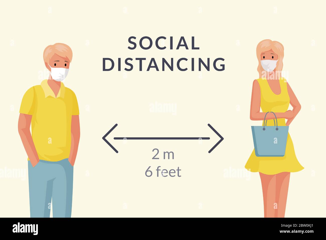 Man and woman characters wearing medical masks and maintain social ...