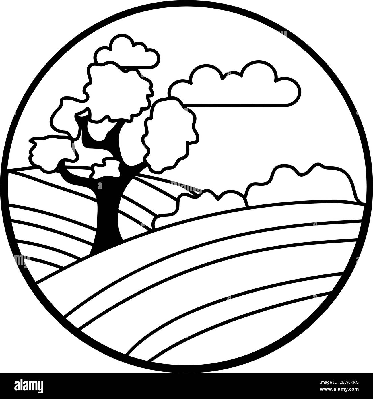 Valley with trees landscape icon over white background, line style ...