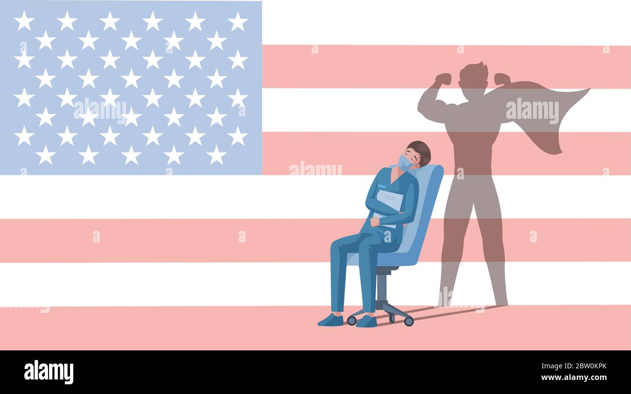 Tired doctor in uniform with superhero shadow rest after work vector ...