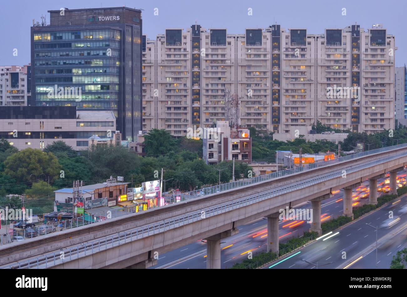 Aerial shot of Rapid metro tracks in urban areas of New Delhi NCR ...