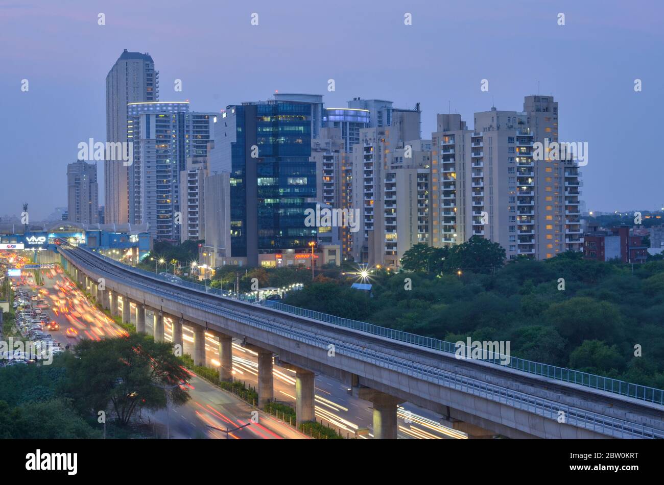 Aerial shot of Rapid metro tracks in urban areas of New Delhi NCR ...