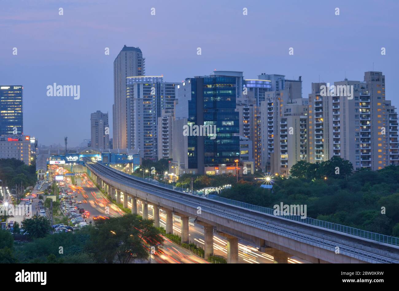 Aerial shot of Rapid metro tracks in urban areas of New Delhi NCR ...