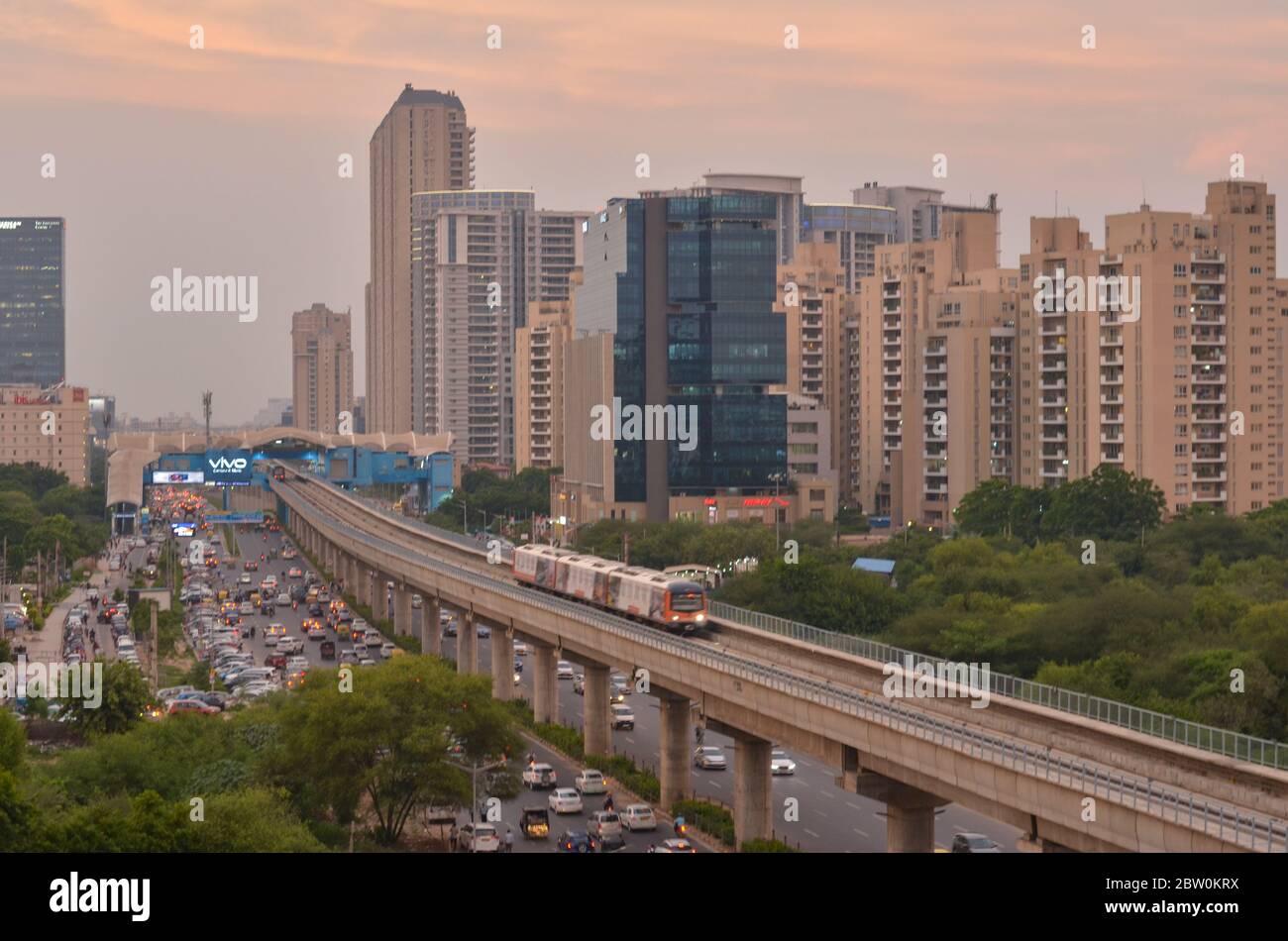 Aerial shot of Rapid metro tracks in urban areas of New Delhi NCR ...