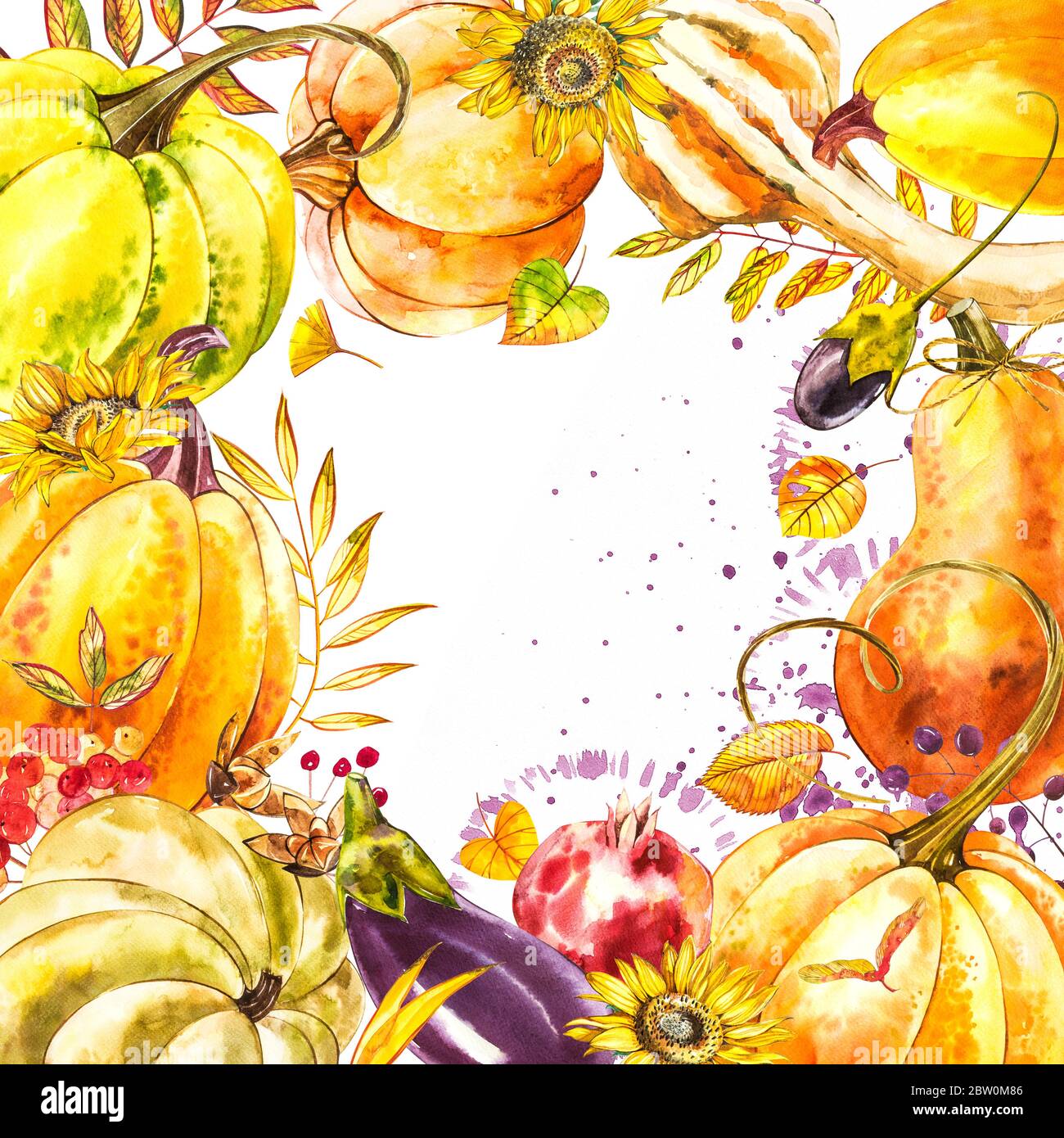 Autumn leaves and pumpkins border frame with space text on white ...