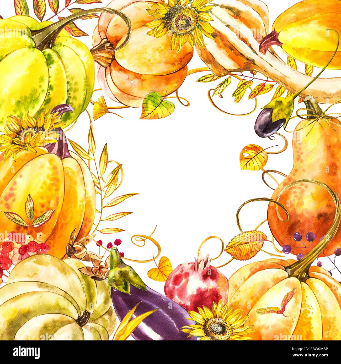 Autumn leaves and pumpkins border frame with space text on white ...
