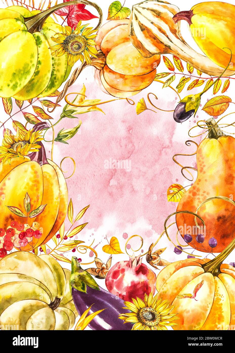 Autumn leaves and pumpkins border frame with space text on white ...