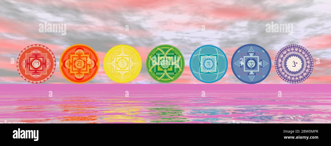 Seven chakra symbols on the horizon line - 3D render Stock Photo - Alamy