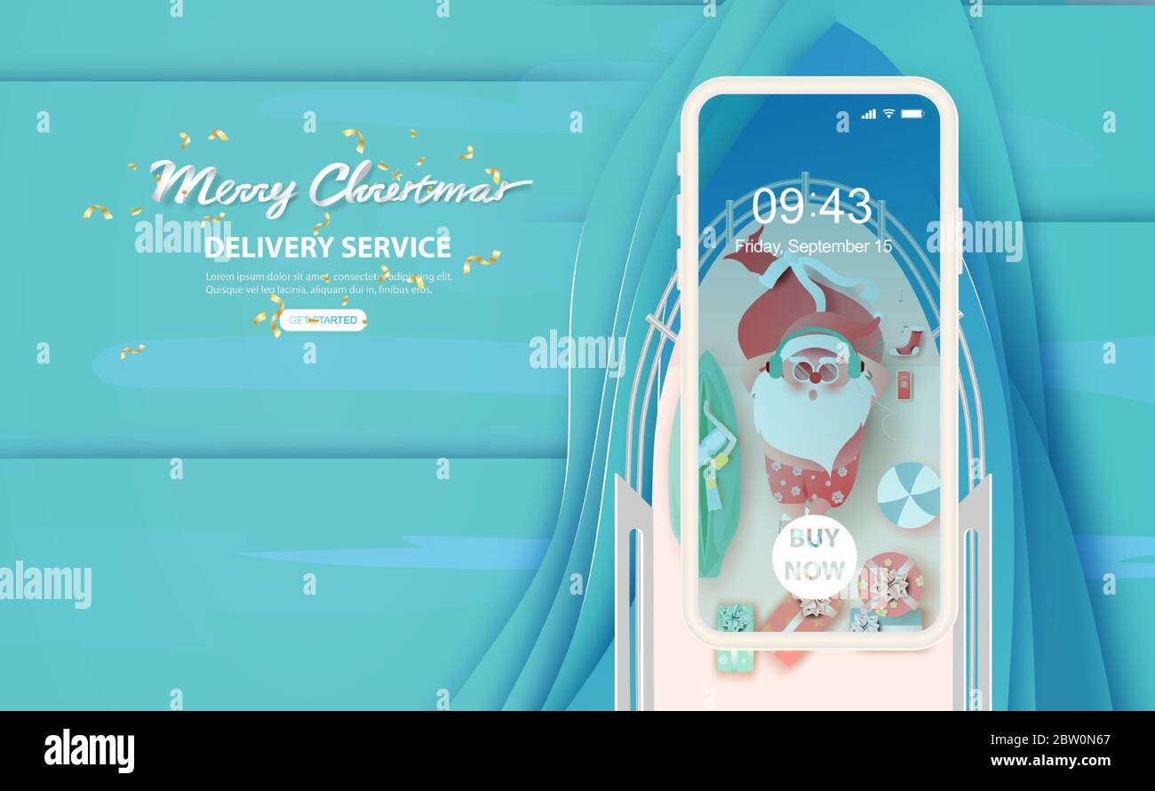 Santa Claus is swimsuit on general cargo ship of gift boxes and ...