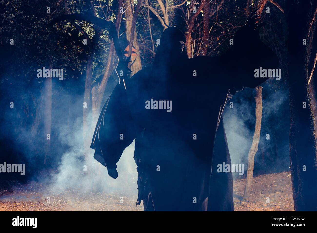 Grim Reaper standing in the fog at night with his scythe Stock Photo ...