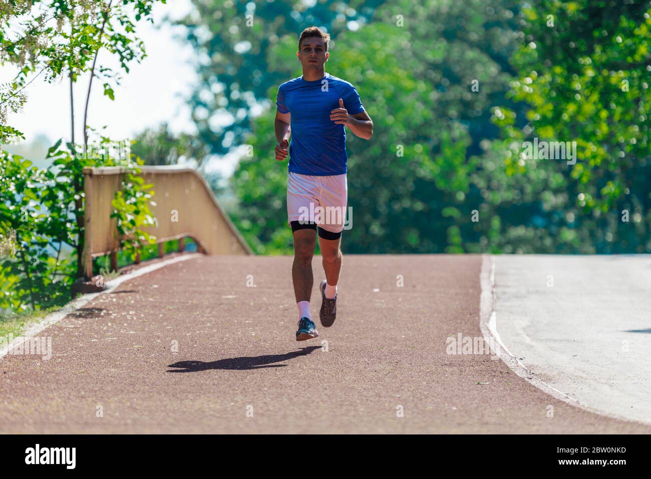 Athletic young man running on the race track in a sports park Stock ...