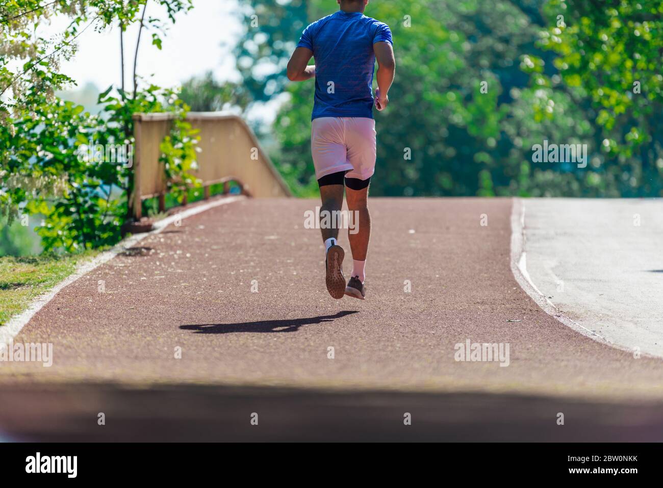 Athletic young man running on the race track in a sports park Stock ...