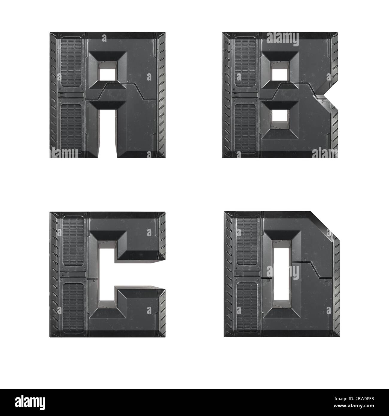 3D rendering of Sci-fi metal panel alphabet fonts - letters A-D Stock ...