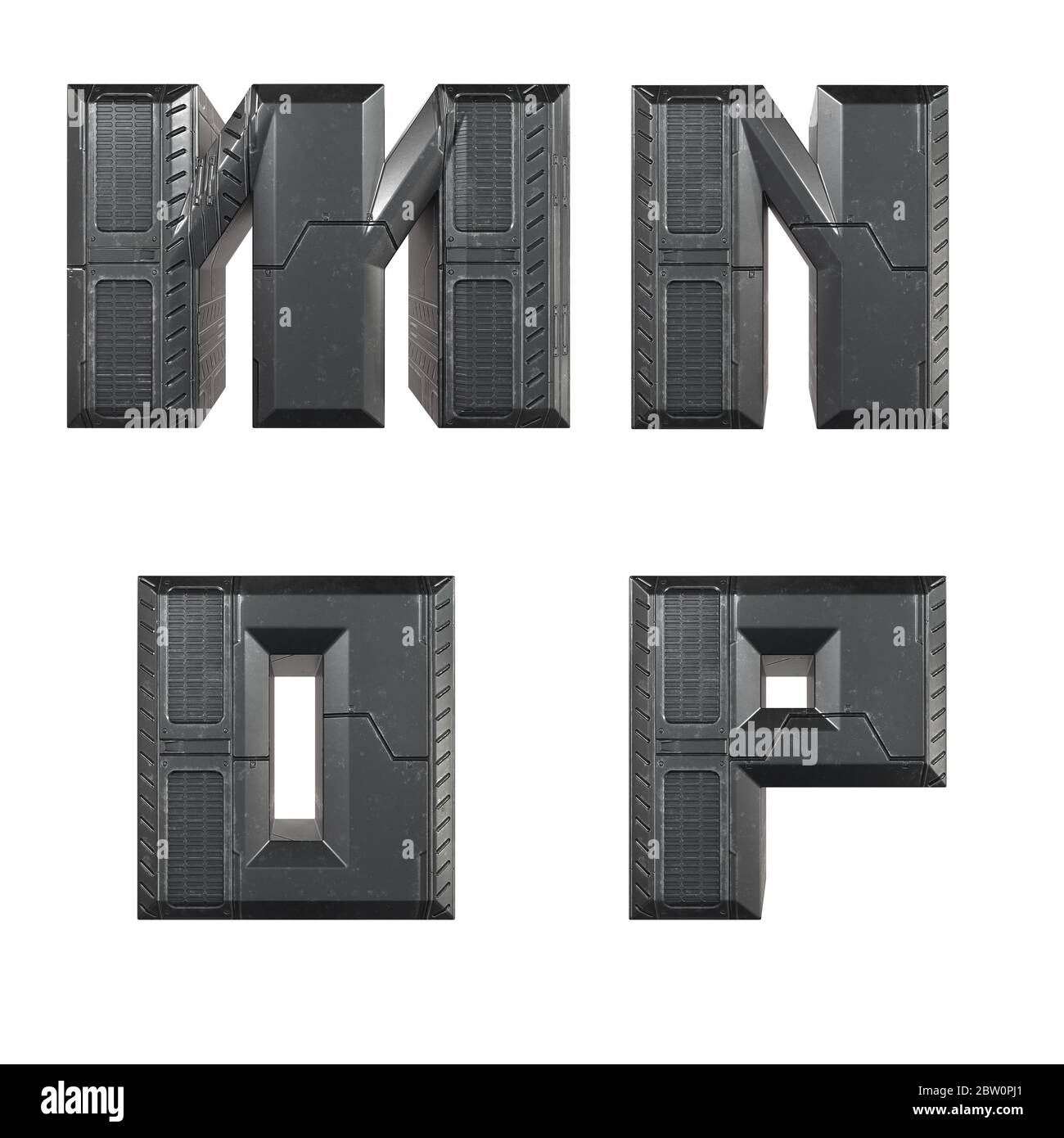 3D rendering of Sci-fi metal panel alphabet fonts - letters M-P Stock ...