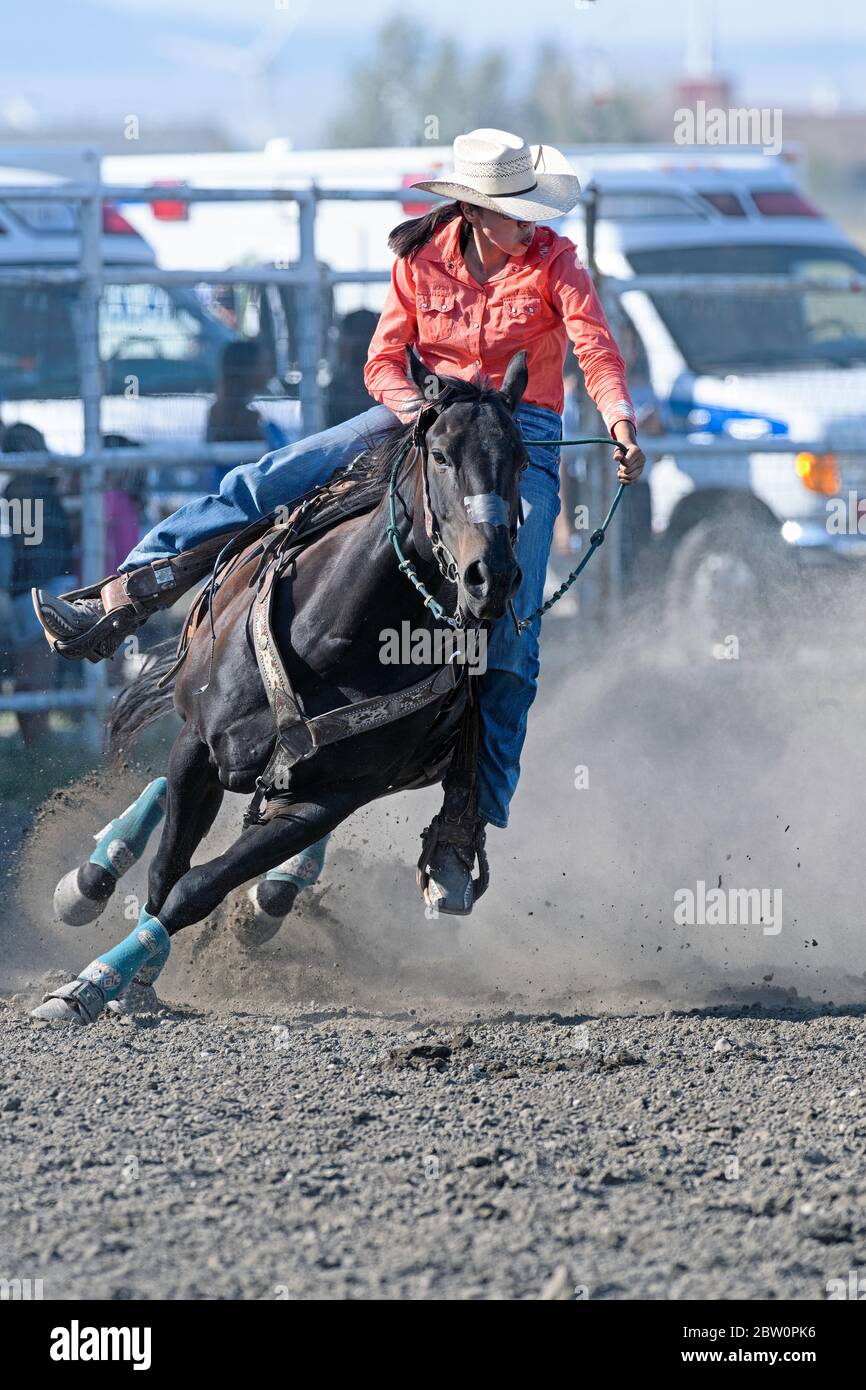 Barrel Racer at the Piikani Nation Rodeo, Brocket Alberta Canada Stock ...