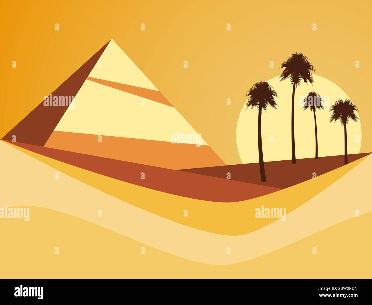 Desert landscape with a pyramid and palm trees. Desert with dunes in ...