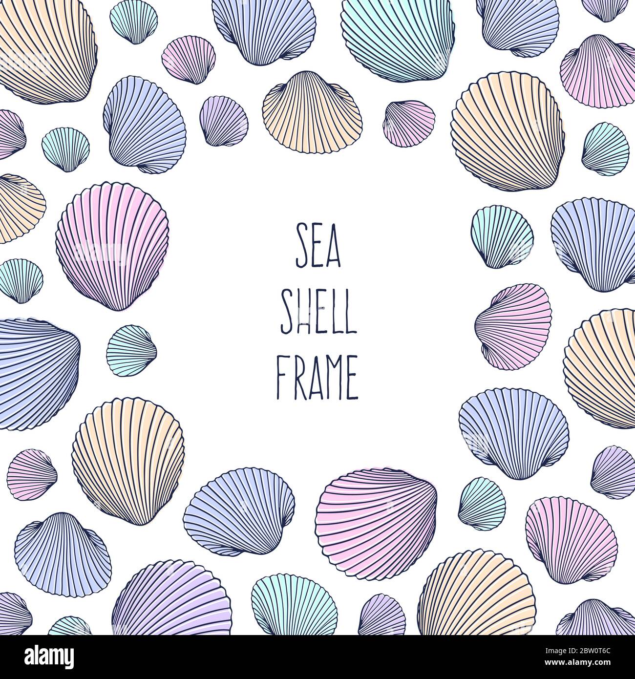 Border shell frame. Vector Illustration of hand drawn seashells in ...
