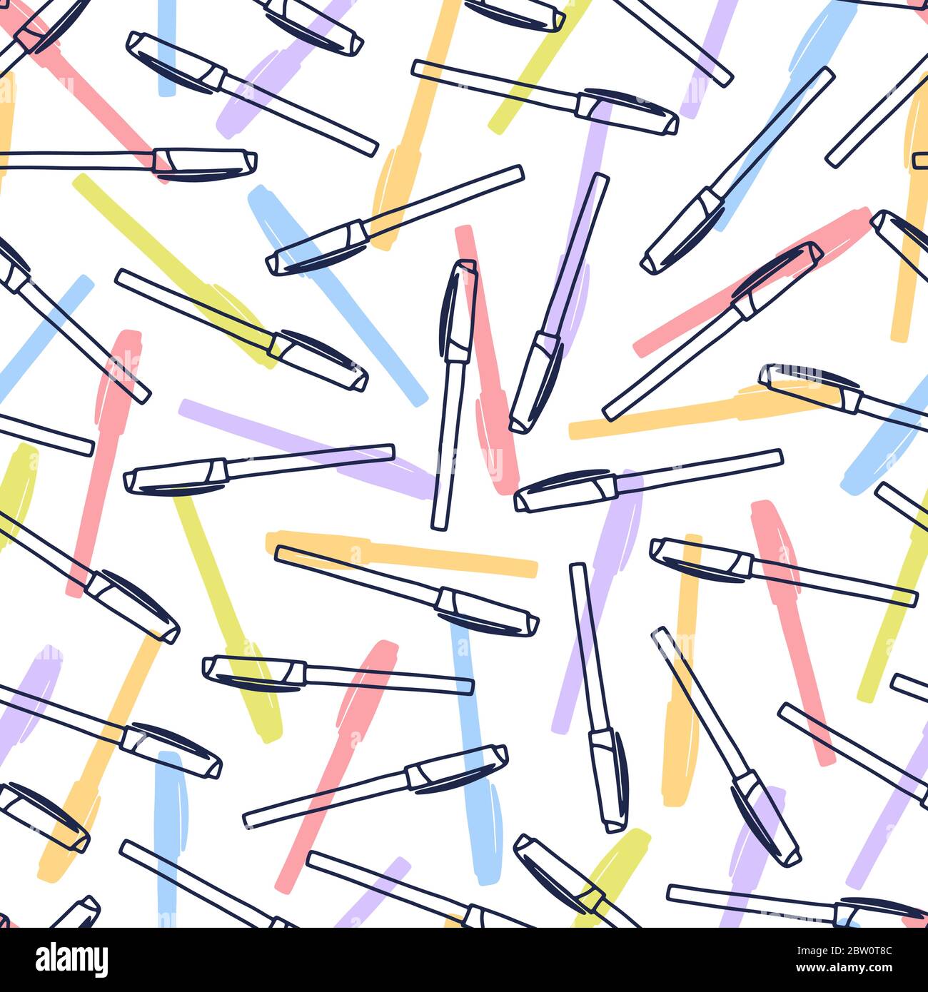 Colorful pens pattern in cartoon style. Seamless texture with pens ...