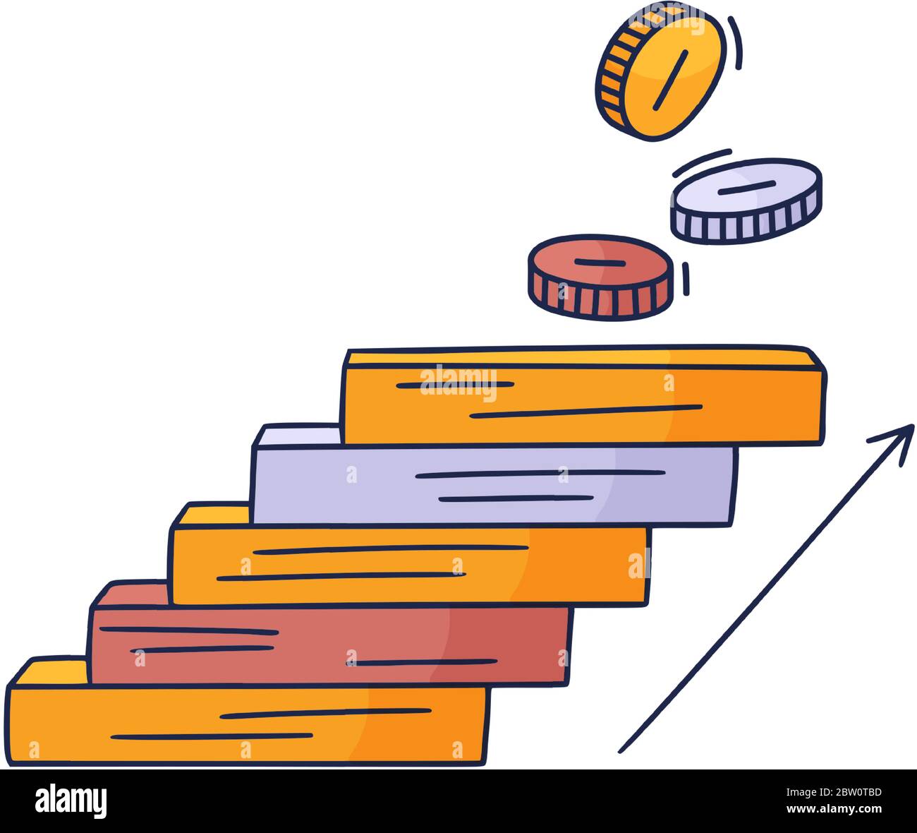 Steps up to the coin. Vector Doodle illustration drawn by hand with ...