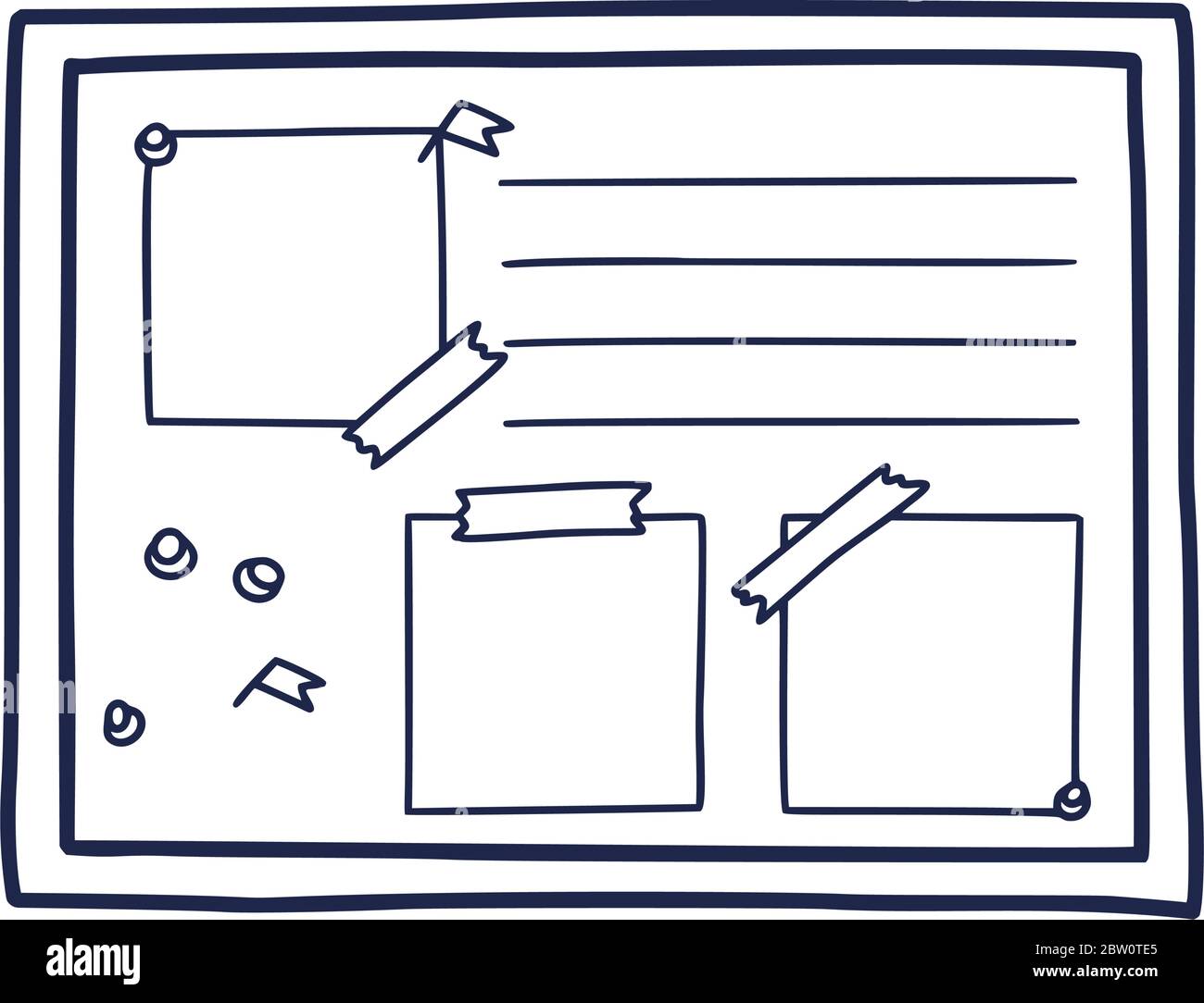 Hand drawn doodle illustration of pin board, needles, and empty note ...