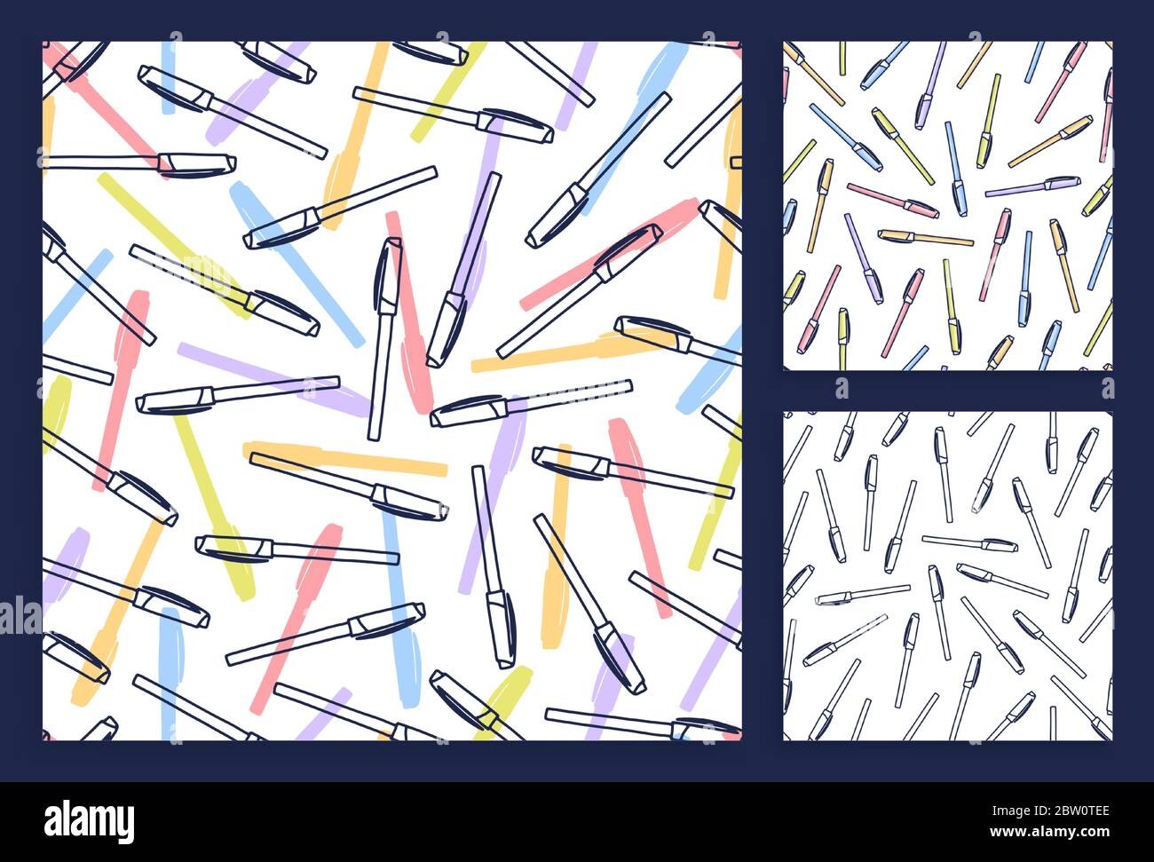 Colorful pens pattern set in cartoon style. Seamless texture with pens ...