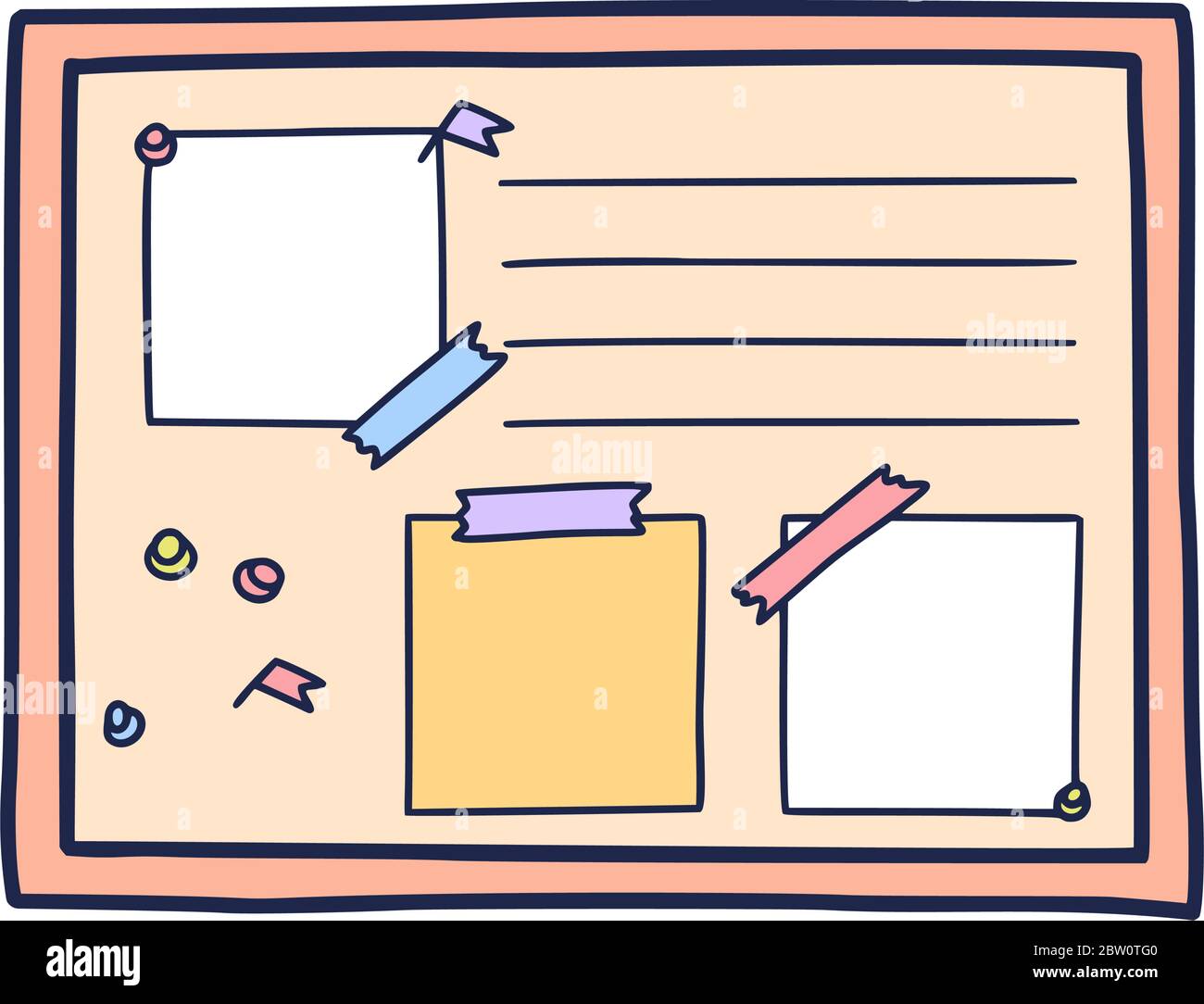 Hand drawn doodle illustration of pin board, needles, and empty note ...