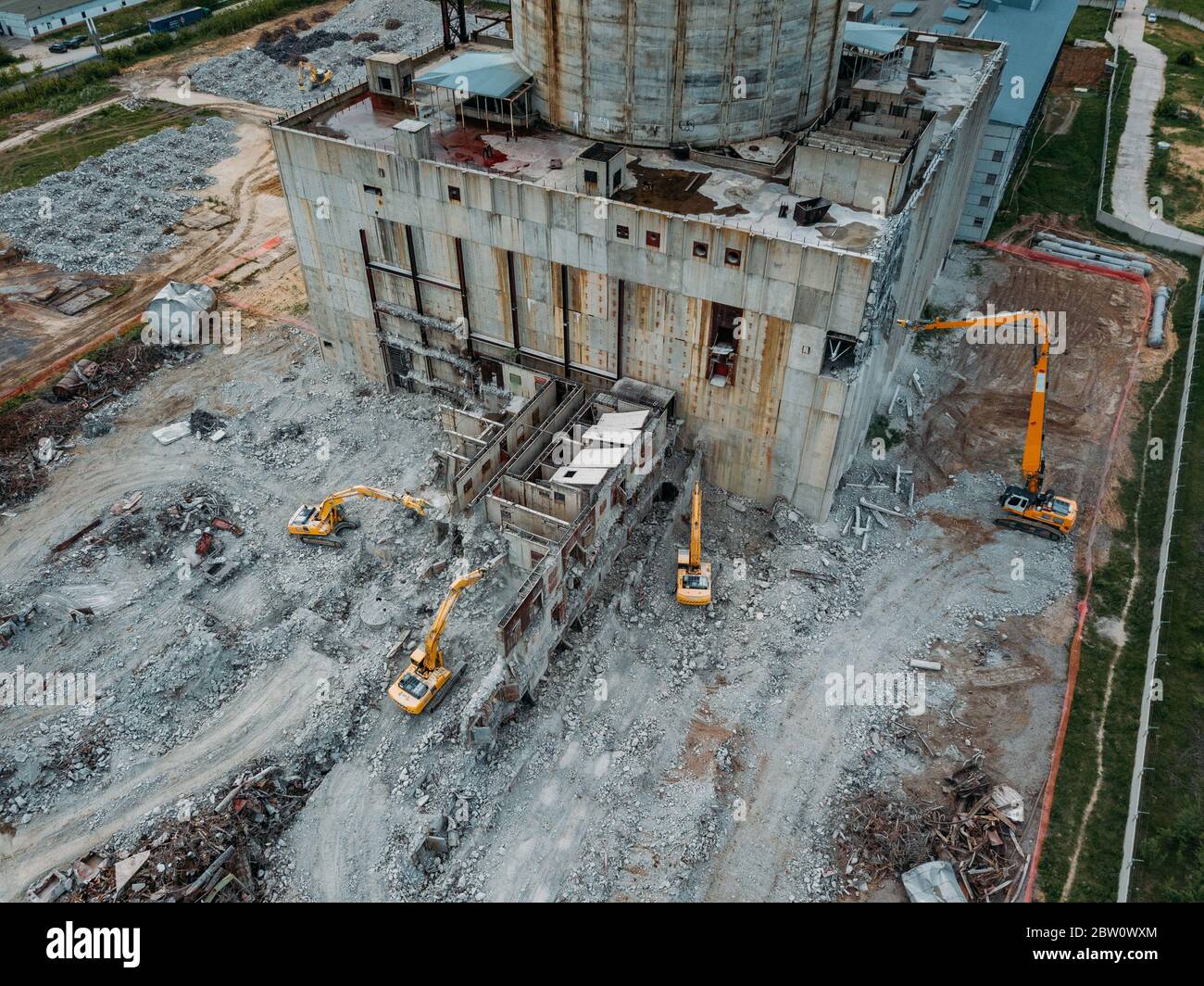 Aerial view of demolition site. Process of demolition of old industrial ...