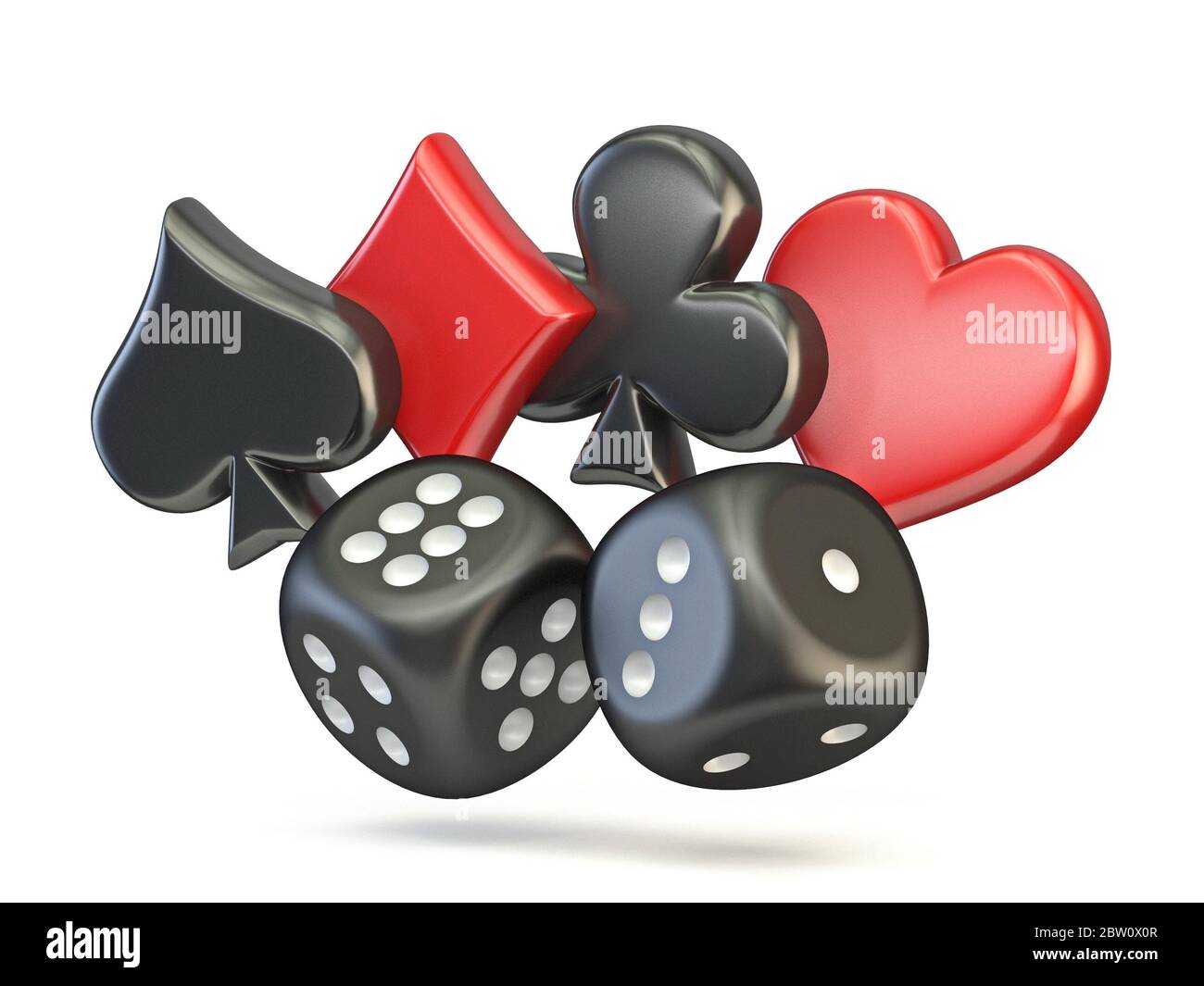 Spade, diamond, club and heart with two black dices 3D render ...