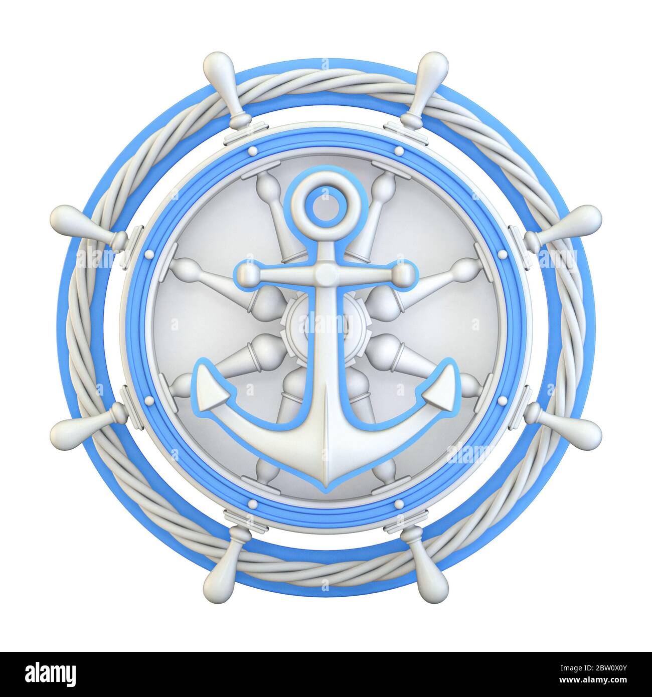 Anchor, ship wheel and rope 3D render illustration isolated on white ...