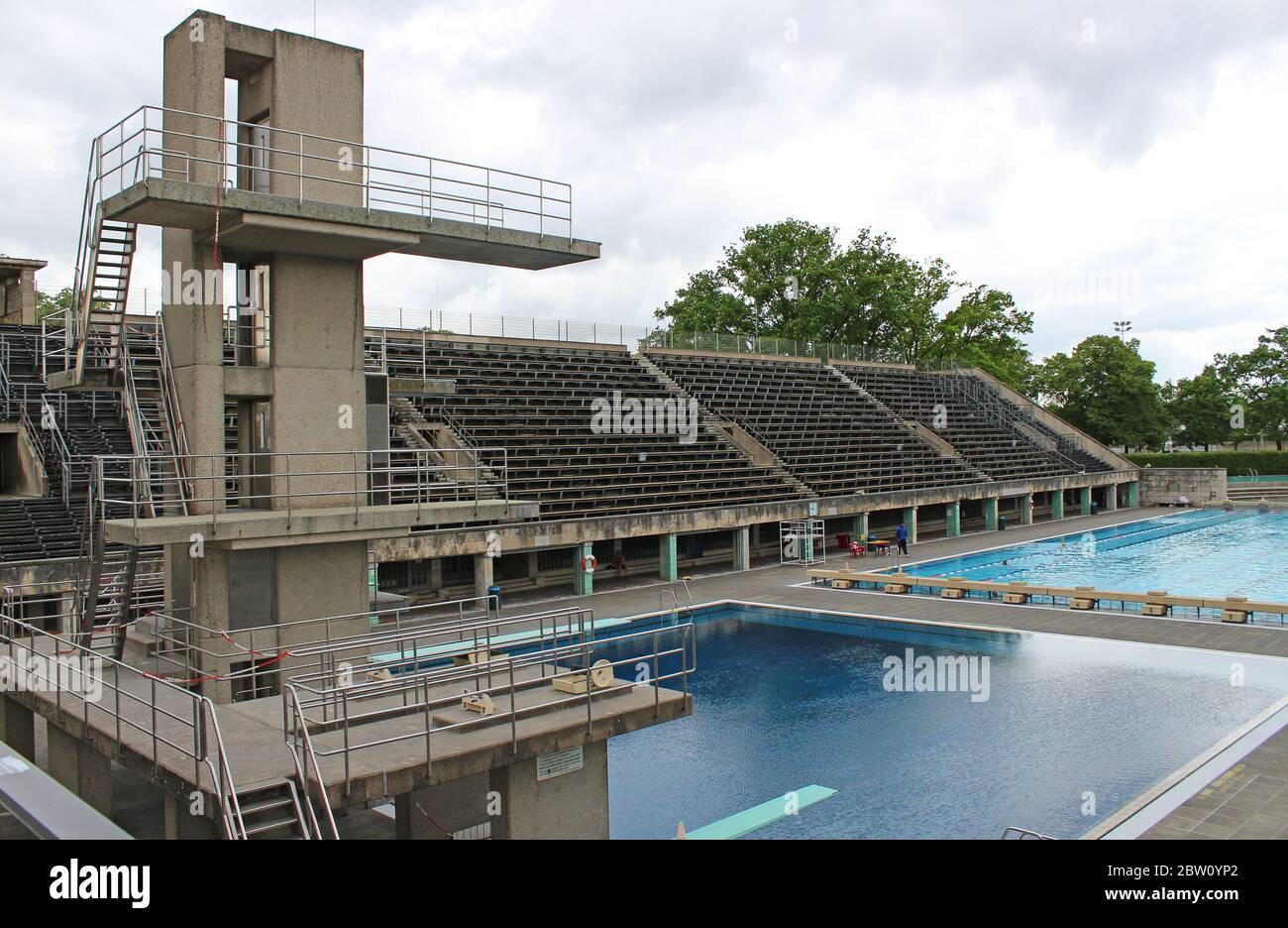 Berlin Olympic Swimming Stadium, outside swimming pool on an overcast ...