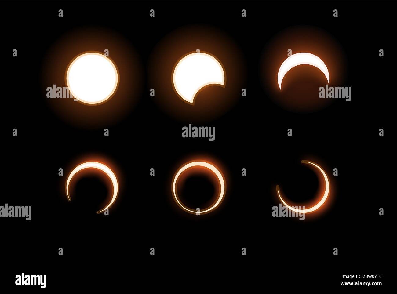 Vector Dark total and partial solar eclipse, several phases. Black background - isolated ...