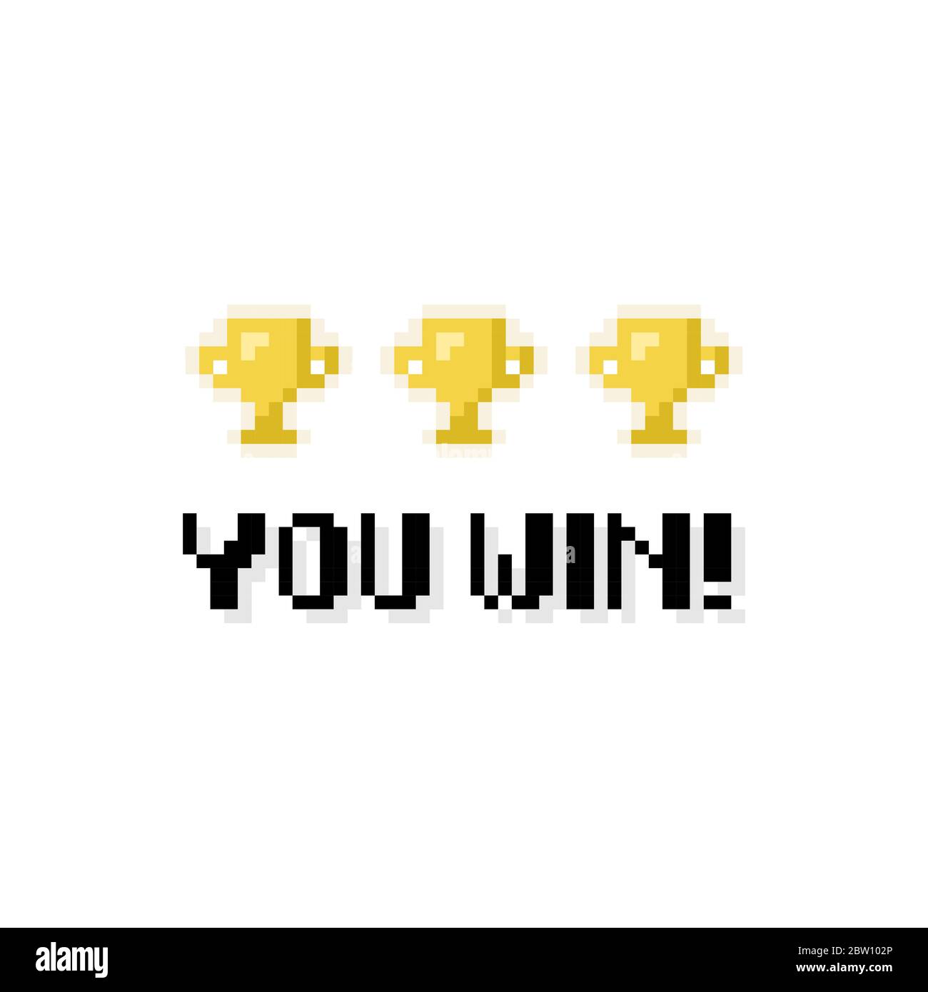 Pixel art 8-bit You Win text with three winner golden cups on white ...