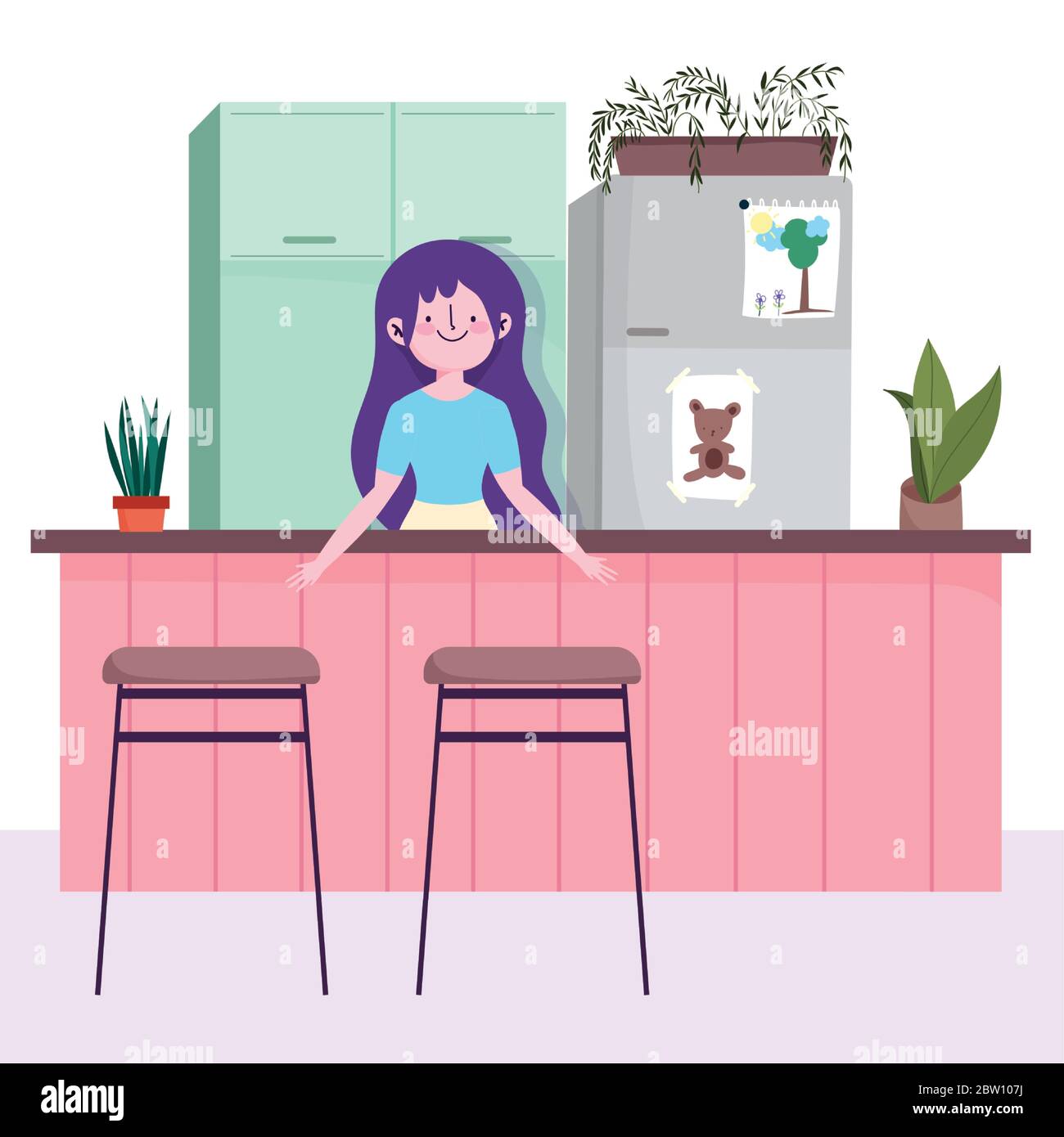 people cooking, girls with fridge counter and chairs in the kitchen ...