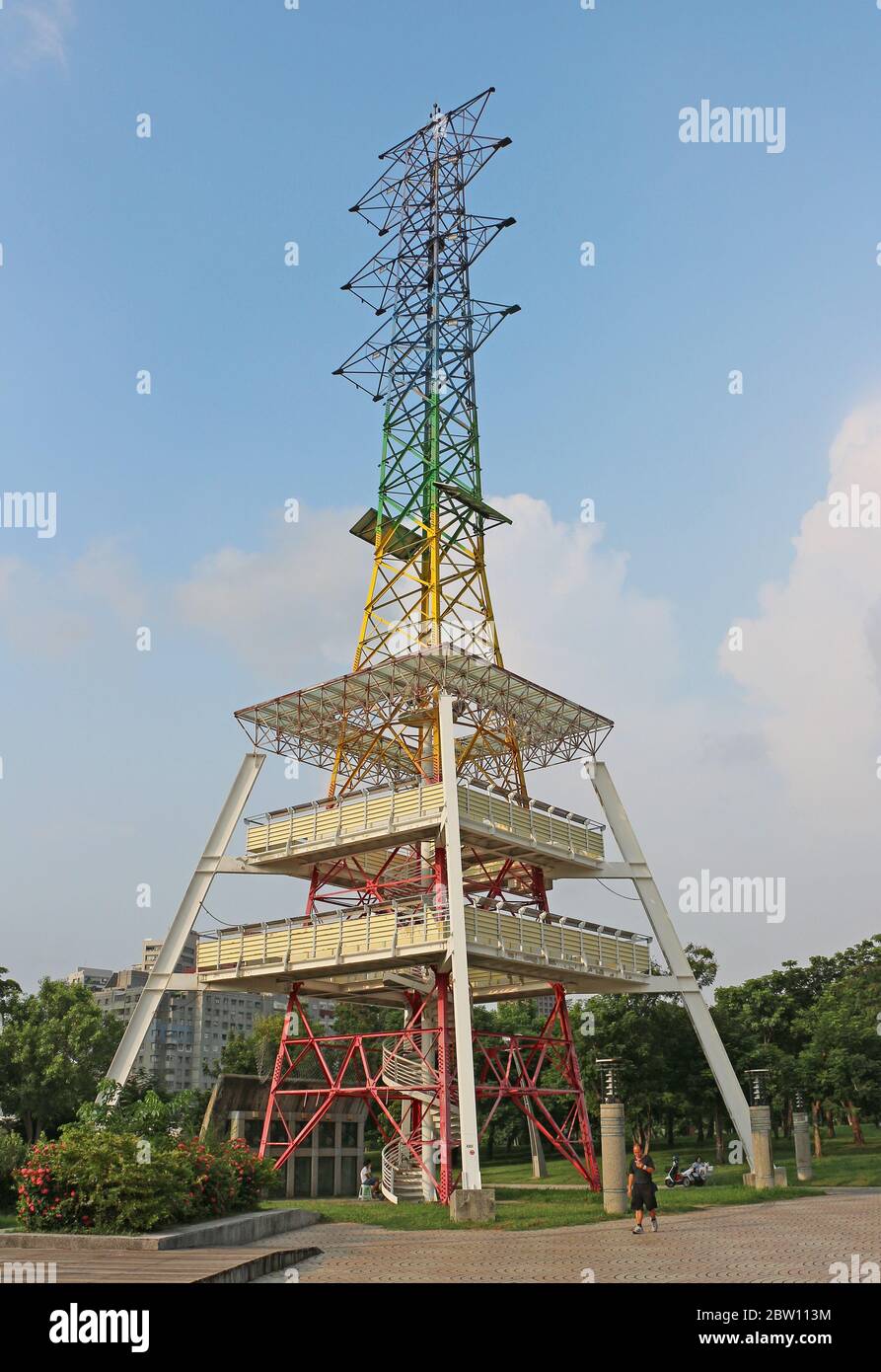 The Tower of light. An old power line painted in bright colours ...