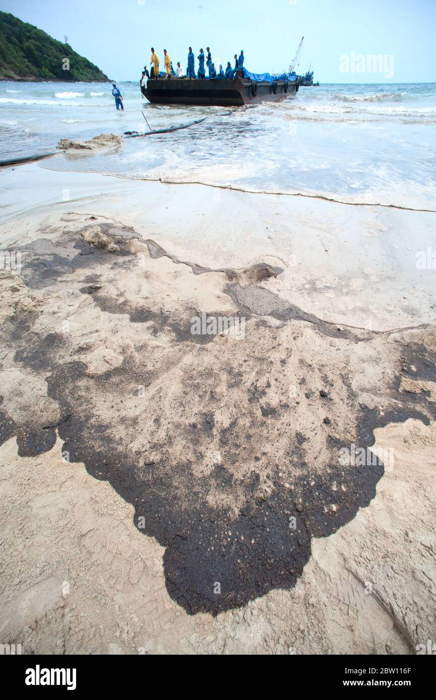 Black oil marks on the beach Which is harmful to the environment Stock ...