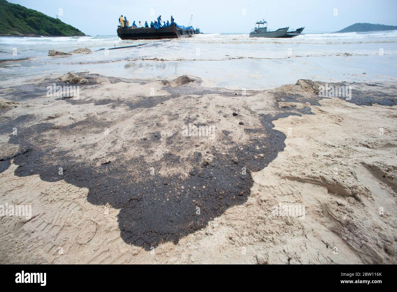 Black oil marks on the beach Which is harmful to the environment Stock ...
